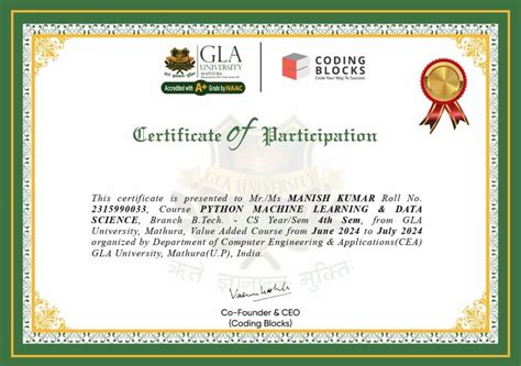 Earned Python With Machine Learning And Data Science Certificate Manish