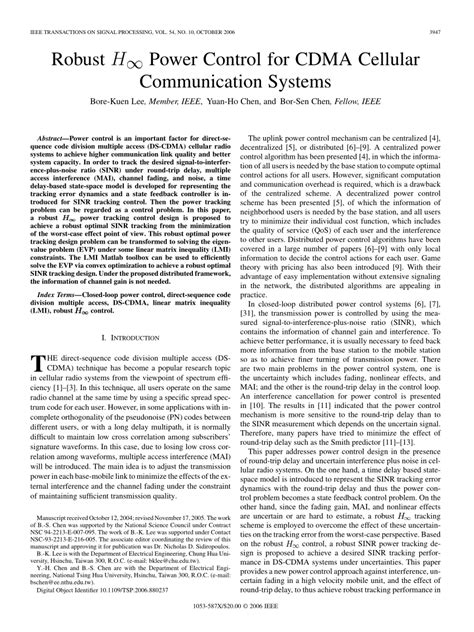 Pdf Robust Hinfty Power Control For Cdma Cellular Communication Systems