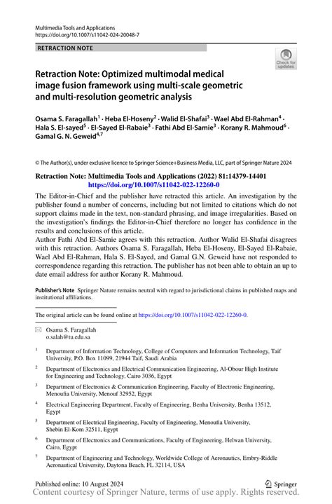 Retraction Note Optimized Multimodal Medical Image Fusion Framework Using Multi Scale Geometric