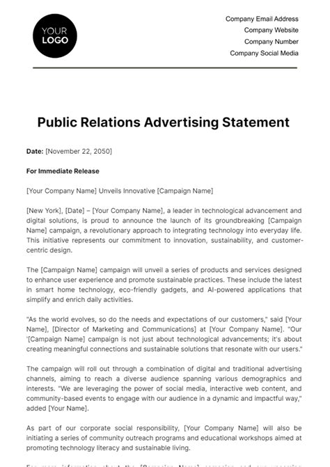 Free Public Relations Advertising Statement Template To Edit Online