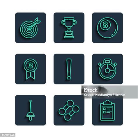 세트 라인 펜싱 덤벨 스포츠 훈련 프로그램 당구 풀 스누커 공 야구 방망이 메달 화살표와 스톱워치 아이콘이있는 목표 벡터 건강한 생활방식에 대한 스톡 벡터 아트 및 기타