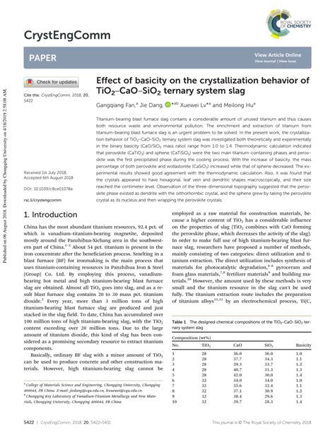 Pdf Effect Of Basicity On The Crystallization Behavior Of Tio2 Cao Sio2 Ternary System Slag