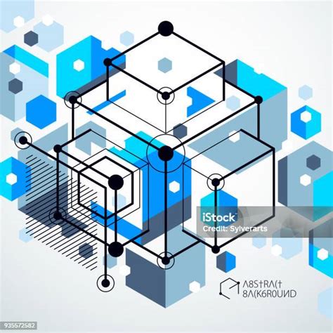 벡터 라인 및 3d 큐브를 사용 하 여 만든 블루 산업 시스템의 그림입니다 현대 기하학적 구성 서식 파일 및 레이아웃으로 사용할