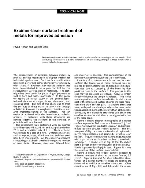 Pdf Excimer Laser Surface Treatment Of Metals For Improved Adhesion