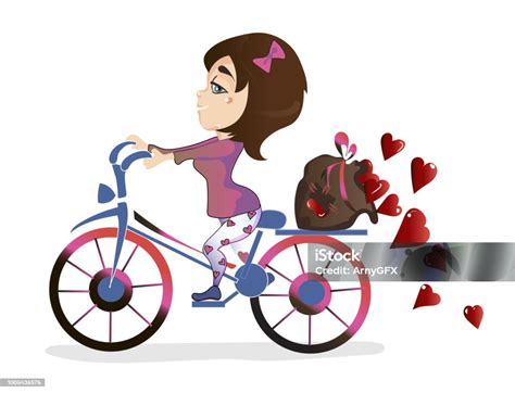 여자 마음의 바구니와 함께 자전거를 타고 벡터 일러스트입니다 가방에 대한 스톡 벡터 아트 및 기타 이미지 가방 갈색 감정