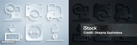 전기 콘센트 자동차 배터리 충전 주차 전기 충전 에코 자연 잎 배터리 및 충전소 아이콘을 설정합니다 벡터 0명에 대한 스톡 벡터 아트 및 기타 이미지 Istock