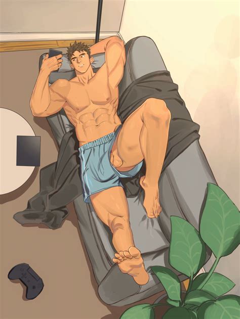 Rule 34 1boy Abs Arm Behind Head Balls Bara Blue Shorts Bored Brown