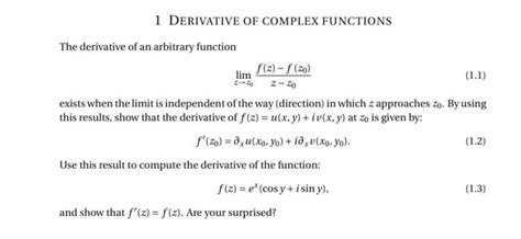Solved 1 Derivative Of Complex Functions The Derivative Of