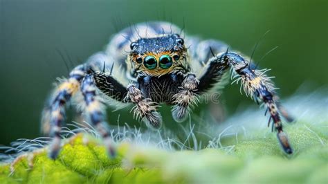 A Striking Macro Close Up Of A Regal Jumping Spider With Vivid Green