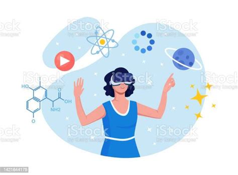 사이버 공간 메타버스 디지털 가상 현실 기술 가정에서의 혁신 인터랙티브 교육 Vr 안경과 헤드셋을 착용한 여성이 시뮬레이션의 요소를 배우고 만지는 것 사이버 기술 안경에