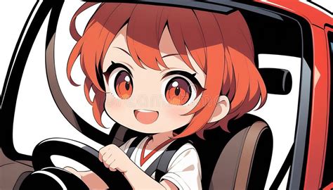 Cheerful Chibi Anime Girl Driving Red Car Kawaii Japanese Style