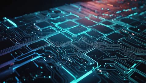 Close Up View Of A Vibrant Circuit Board Illuminated With Blue And Red Lights Showcasing