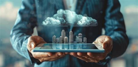 Person Holding Tablet With Holographic Cityscape And Cloud Computing