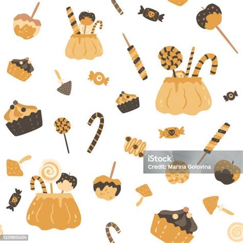 할로윈 과자 트릭 또는 원활한 패턴을 치료합니다 사탕 가마솥의 롤리팝 캐러멜 사과 두개골 쿠키 신비한 컵 케이크 디저트가있는 호박 0명에 대한 스톡 벡터 아트 및 기타