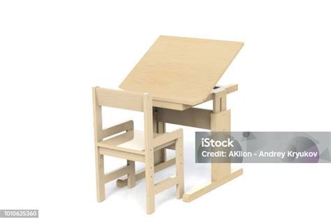 어린이 작은 나무 테이블과 자 학교 책상 높이 조절 및 흰색 배경에 팔걸이 자 격리 3d 모델을 렌더링 합니다 0명에 대한 스톡 사진 및 기타 이미지 Istock