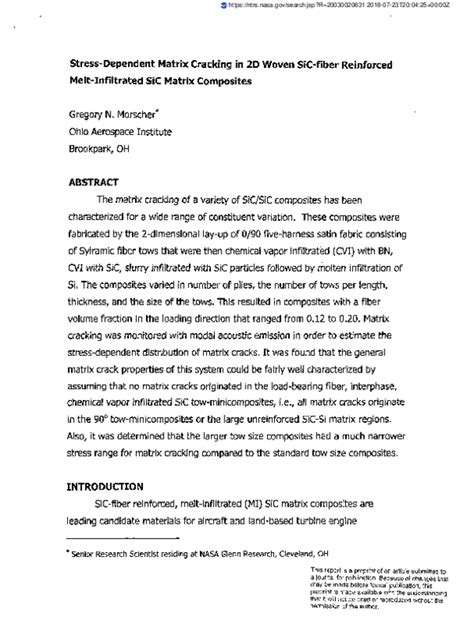 Pdf Stress Dependent Matrix Cracking In 2d Woven Sic Fiber Reinforced Melt Infiltrated Sic