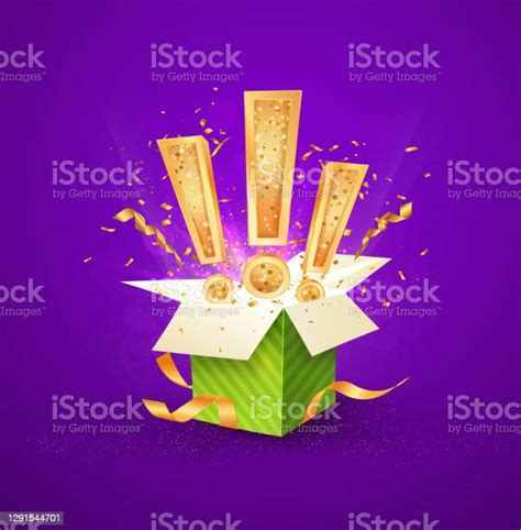상품 기프트 박스 벡터 일러스트레이션을 획득하십시오 느낌표와 색종이 가폭발이 있는 텍스처 그린 박스를 보라색 배경 내부와 보라색 배경에 엽니다 격리된 설계 요소 상자에 대한