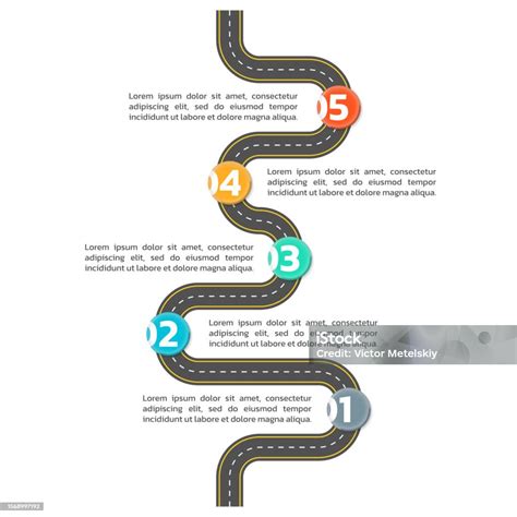 5단계 로드맵 정보 그래픽 디자인 타임라인 인포그래픽 현대적인 비즈니스 프레젠테이션 템플릿입니다 수직 로드맵 구불구불한 길 거리 개념 벡터 그림입니다 굽은 도로에 대한 스톡