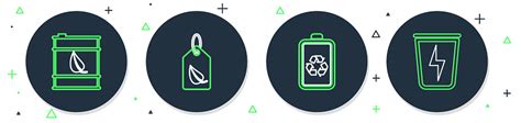 잎 배터리 재활용 바이오 연료 배럴 및 번개 쓰레기통 아이콘으로 라인 태그를 설정합니다 벡터 0명에 대한 스톡 벡터 아트 및
