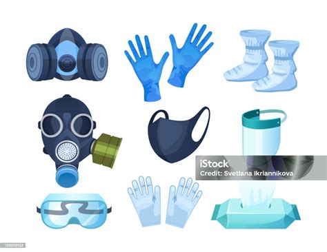 의료 개인 보호 장비 세트 안전 의료 호흡기 마스크 감염 코로나바이러스장비 보호헬멧 호흡보호구 고글 보호 원단 장갑 신발 방독면 보호안경 보호용 작업복에 대한 스톡 벡터
