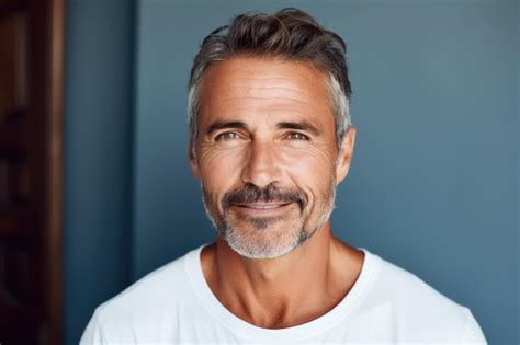 Premium Photo Portrait Of Fifty Year Old Man With Wellgroomed Face On Blue Background The