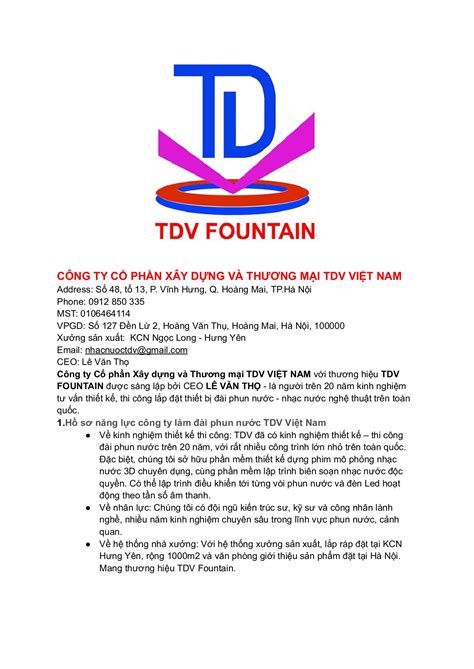 Giới thiệu Công ty cổ phần xây dựng và thương mại TDV Việt Nam nhacnuoctdv Trang PDF lật