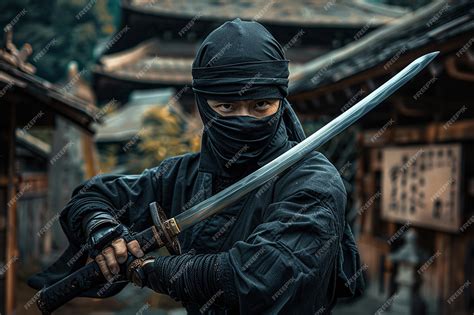 Japanese Ninja Warrior Dressed In Samurai Clothes Holding A Sharp Sword