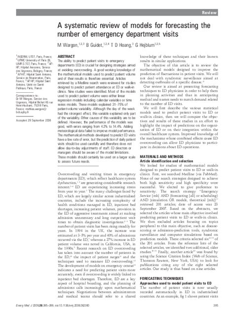 Pdf A Systematic Review Of Models For Forecasting The Number Of Emergency Department Visits