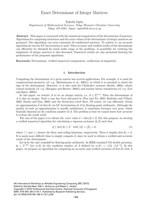 Pdf Exact Determinant Of Integer Matrices