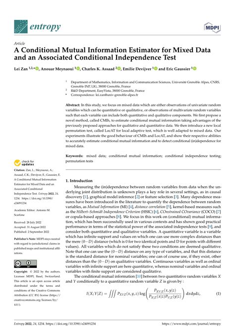 Pdf A Conditional Mutual Information Estimator For Mixed Data And An Associated Conditional