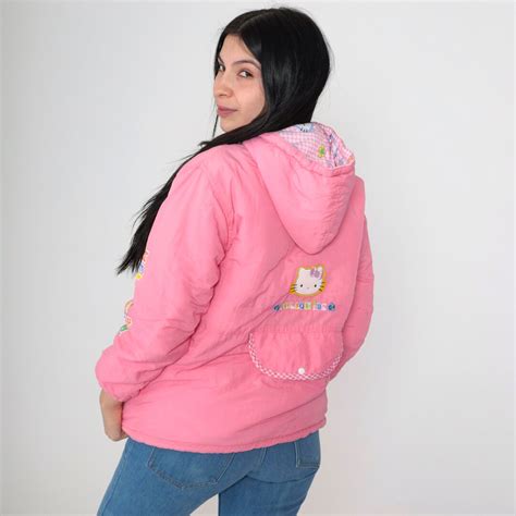 Reversible Hello Kitty Jacket Pink Hooded Jacket Gingham Hood Ski