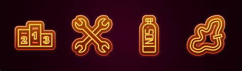 스포츠 우승자 연단 렌치 스패너 아산화질소 및 레이싱 트랙에 대한 세트 라인 상 빛나는 네온 아이콘입니다 벡터 아산화질소에 대한 스톡 벡터 아트 및 기타 이미지 Istock