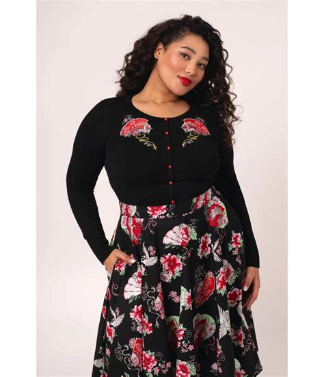 Hell Bunny Plus Size Black Fan And Floral Embroidered Yuna Cardigan