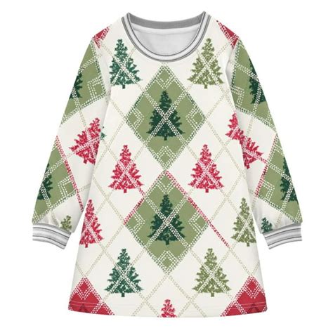 Christmas Trees Plaids In Red Beige Green Long Sleeved Dress A Line One