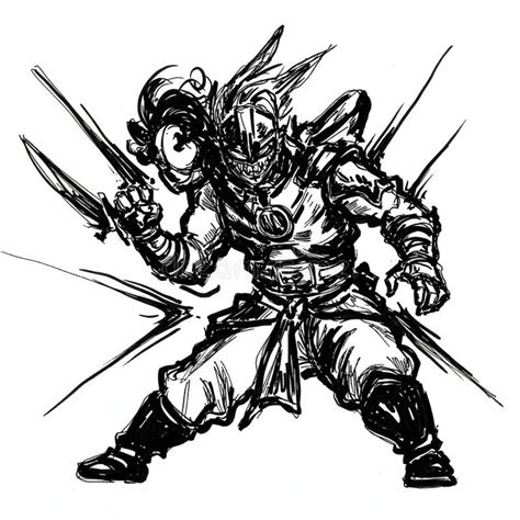 Fierce Warrior Ink Sketch Features Stylized Armor And Dynamic Pose The