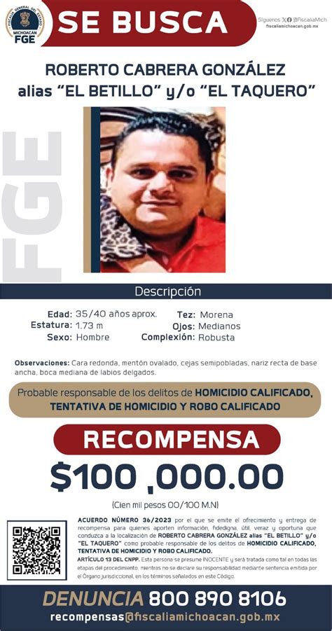 Fiscalía De Michoacán Ofrece Recompensa De 100 Mil Pesos Para Localizar