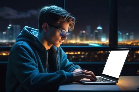 A Young Man Programmer Coding On A Laptop In The Dark With A View Of