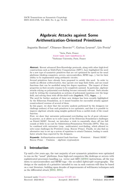 Pdf Algebraic Attacks Against Some Arithmetization Oriented Primitives