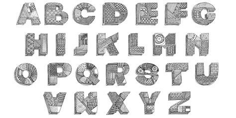 손 그리기 기하학적 장식 알파벳 페이지 배경 화면 인쇄 카드 포스터를 색칠하기위한 간단한 검은 색 개요 Abc 삽화 흰색 고립 된 배경에 흑백 머리 문자입니다 0명에 대한