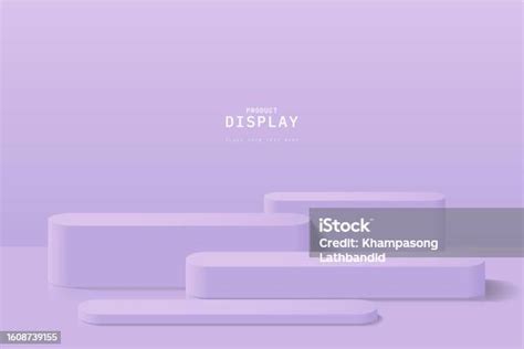 둥근 연단 세트 또는 제품 전시를 위한 스탠드가 있는 깨끗한 보라색 3d 방 제품 전시 모형을 위한 연단 장면 쇼케이스를 위한
