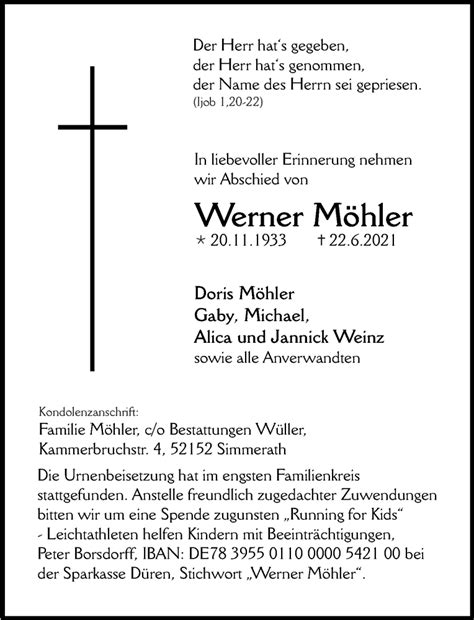 Traueranzeigen Von Werner Möhler Rz Trauer De