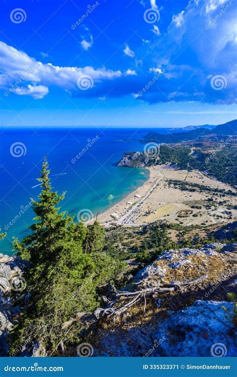 View From Kyra Panagia Tsambika Monastery Tsambika Beach Rhodes Greece Royalty Free Stock