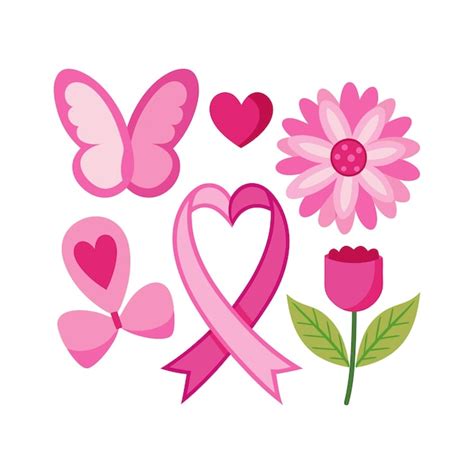 Premium Vector A Set Of Pink Ribbon Flowers Butterflies And Hearts