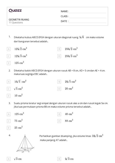 Lembar Kerja Volume Dan Luas Permukaan Prisma Untuk Kelas Di Quizizz Gratis Dapat Dicetak