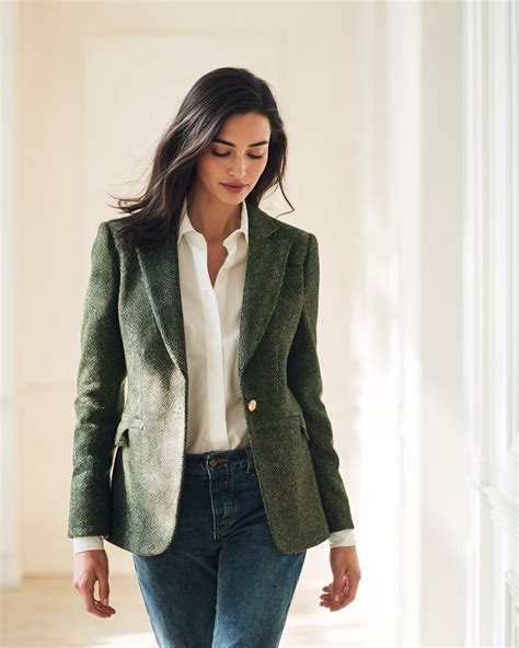 Blazer En Tweed Vert Avec Chemise Blanche Et Jean Sumissura