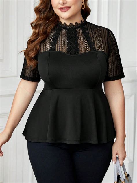 Plus Size Black Lace Panel Short Sleeve Top With Ruffle Hem In 2024