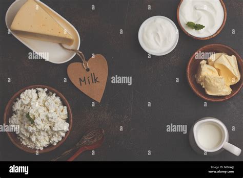 Different Types Of Dairy Products On Dark Background Stock Photo Alamy