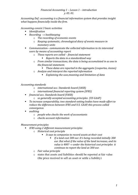 Financial Accounting Lecture 1 Introduction Lecture Notes Financial Accounting 1 Lesson