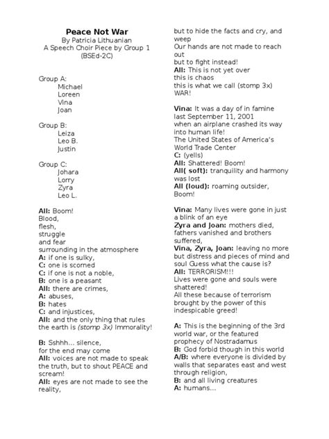 Peace Not War Speech Choir Religion And Belief