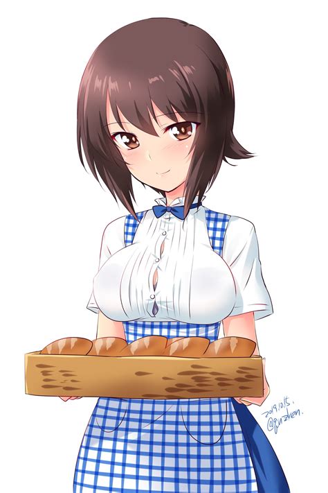 Safebooru 1girl Apron Bangs Blue Apron Blue Skirt Bread Breasts Brown